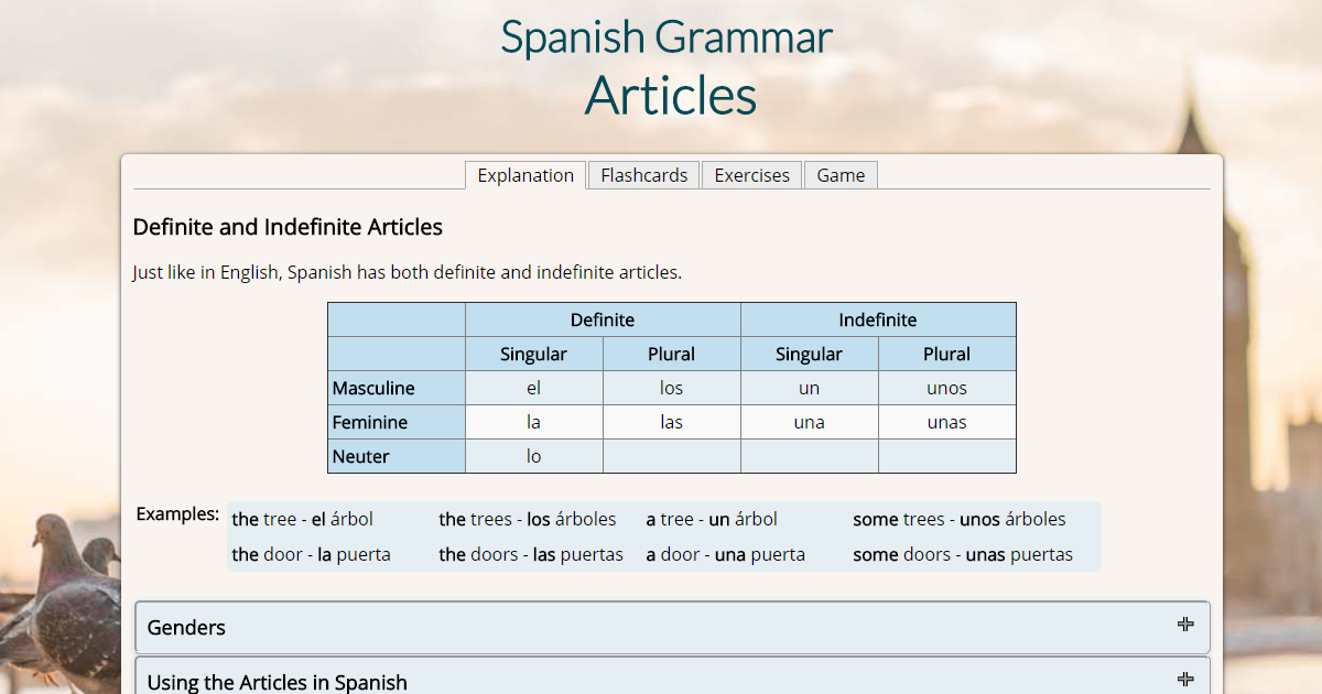 Learning Spanish - Grammar - Articles